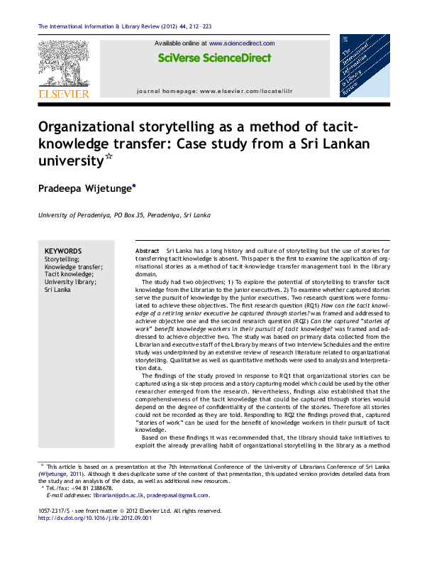 (PDF) Organizational storytelling as a method of tacit-knowledge transfer: Case study from a Sri ...