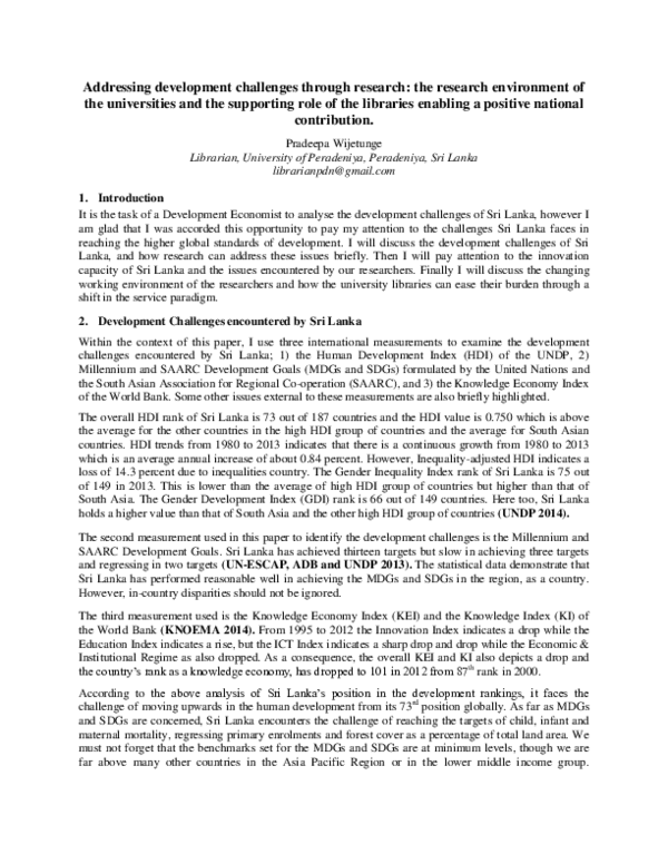 (PDF) Addressing development challenges through research: Presentation