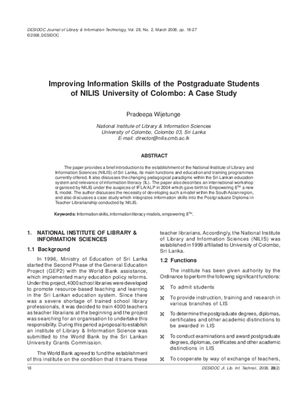 (PDF) Improving Information Skills of the Postgraduate Students of NILIS University of Colombo ...