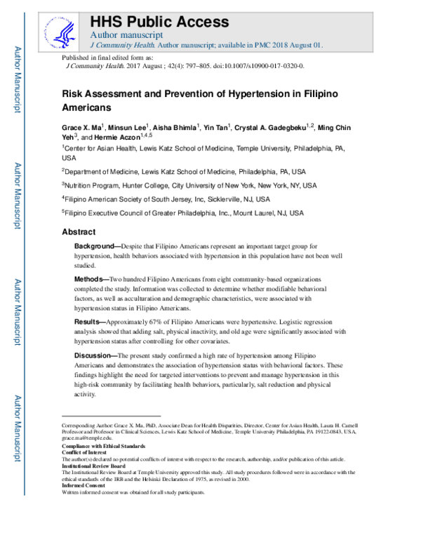 (PDF) Risk Assessment and Prevention of Hypertension in Filipino Americans