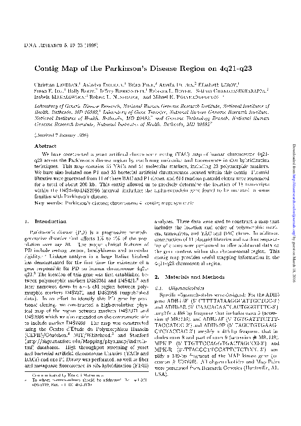 (PDF) Contig Map of the Parkinson's Disease Region on 4q21-q23 | Amalia ...