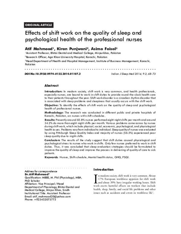 (PDF) Effects of shift work on the quality of sleep and psychological ...