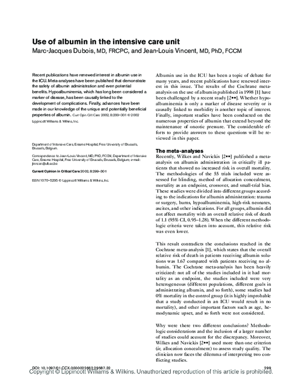(PDF) Use of Albumin in the Intensive Care Unit