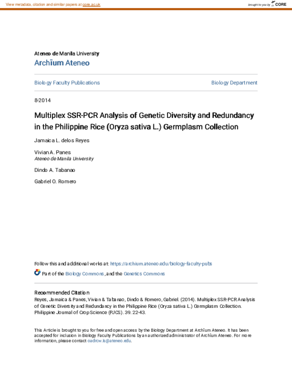 (PDF) Multiplex SSR-PCR analysis of genetic diversity and redundancy in ...