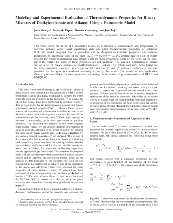 (PDF) Modeling and Experimental Evaluation of Thermodynamic Properties for Binary Mixtures of ...