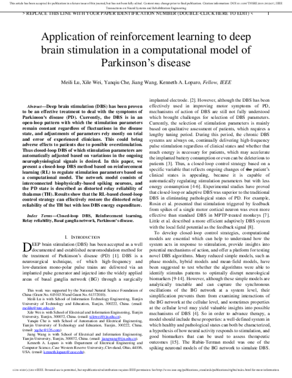 (PDF) Application of Reinforcement Learning to Deep Brain Stimulation in a Computational Model ...