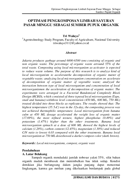 (PDF) Optimasi Pengkomposan Limbah Sayuran Pasar Minggu Sebagai Sumber ...