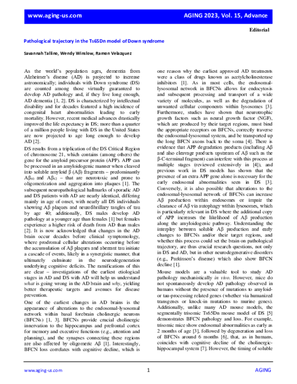 (PDF) Pathological trajectory in the Ts65Dn model of Down syndrome