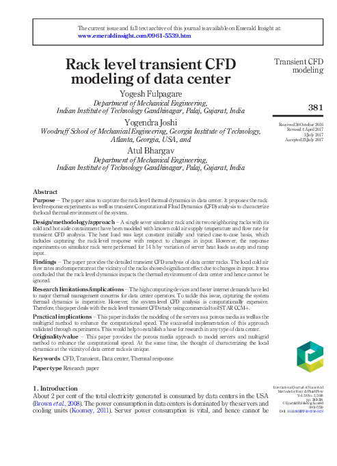 (PDF) Rack level transient CFD modeling of data center