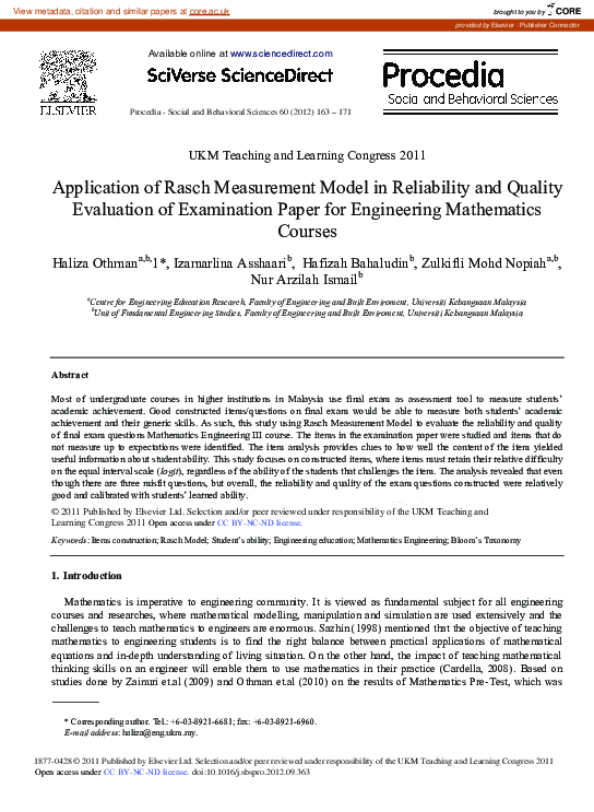 (PDF) Application of Rasch Measurement Model in Reliability and Quality ...