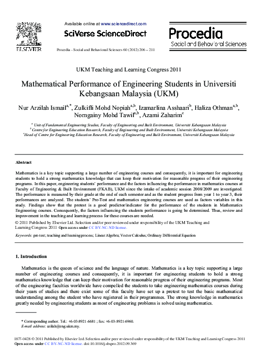 (PDF) Mathematical Performance of Engineering Students in Universiti ...