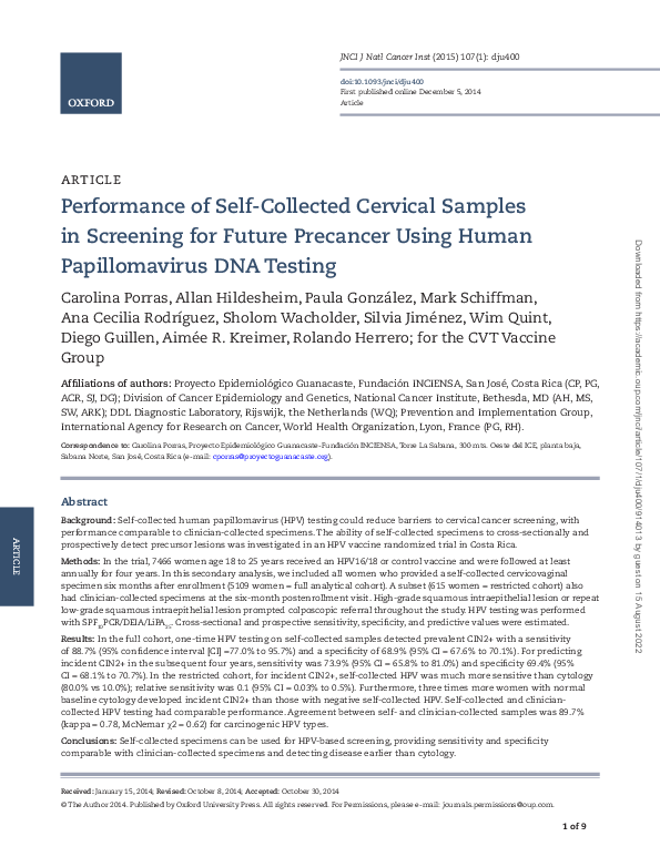 (PDF) Performance of self-collected cervical samples in screening for ...