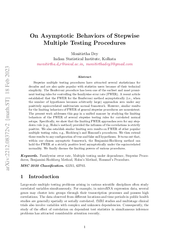 Pdf On Asymptotic Behaviors Of Stepwise Multiple Testing Procedures