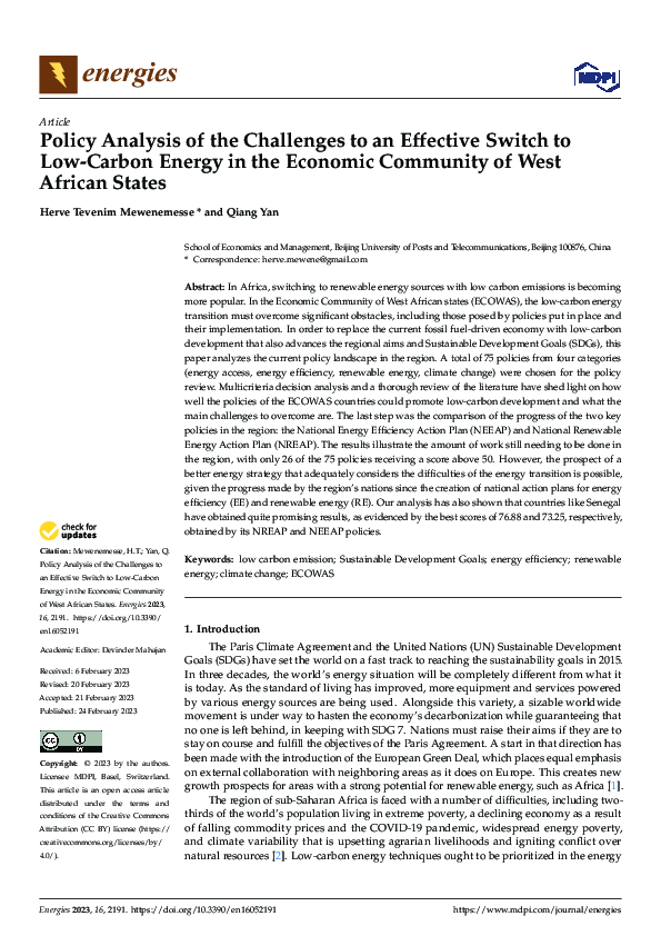 (PDF) Policy Analysis of the Challenges to an Effective Switch to Low-Carbon Energy in the ...