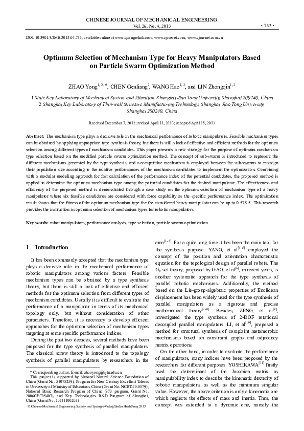 (PDF) Optimum selection of mechanism type for heavy manipulators based on particle swarm ...