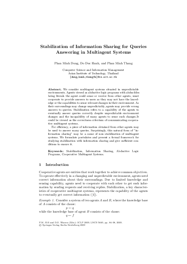(PDF) Stabilization of Information Sharing for Queries Answering in Multiagent Systems