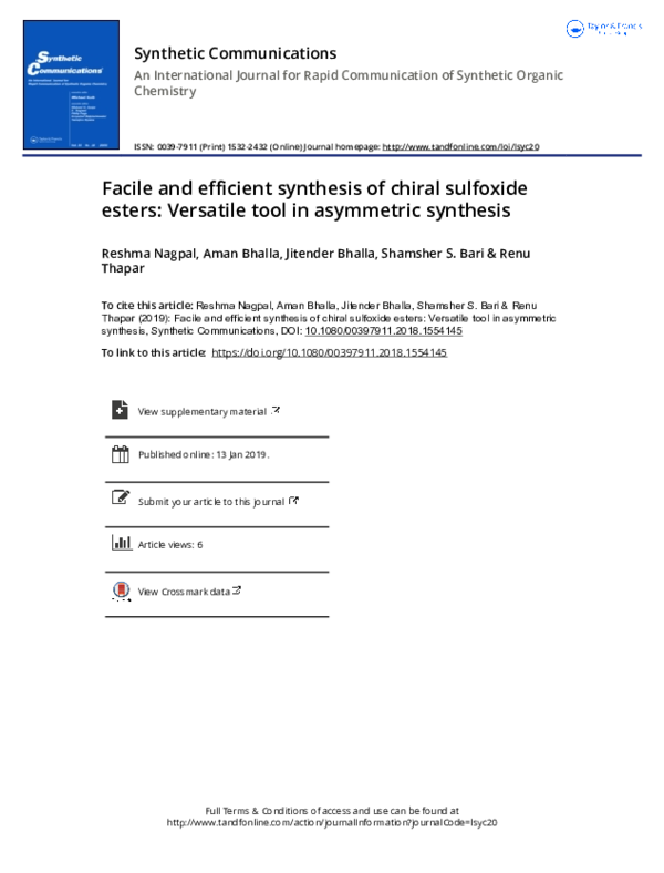 (PDF) Facile and efficient synthesis of chiral sulfoxide esters ...