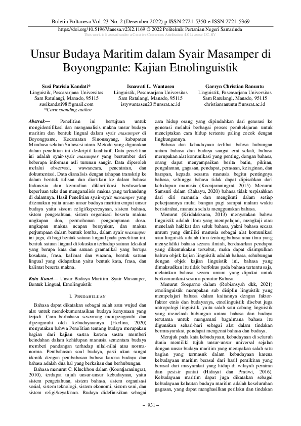 (PDF) Unsur Budaya Maritim Dalam Syair Masamper di Boyongpante: Kajian Etnolinguistik
