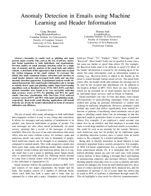 Pdf Anomaly Detection In Emails Using Machine Learning And Header Information