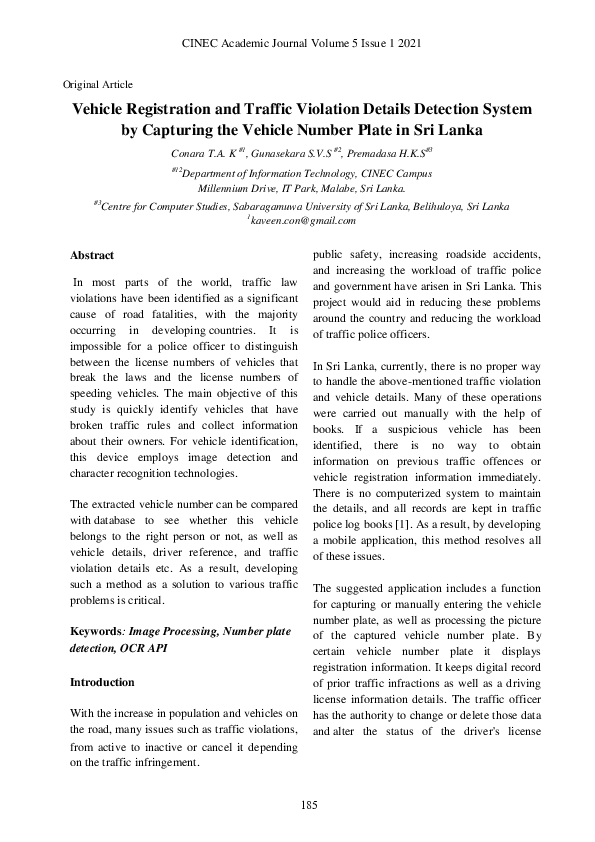 (PDF) Vehicle Registration and Traffic Violation Details Detection System by Capturing the ...