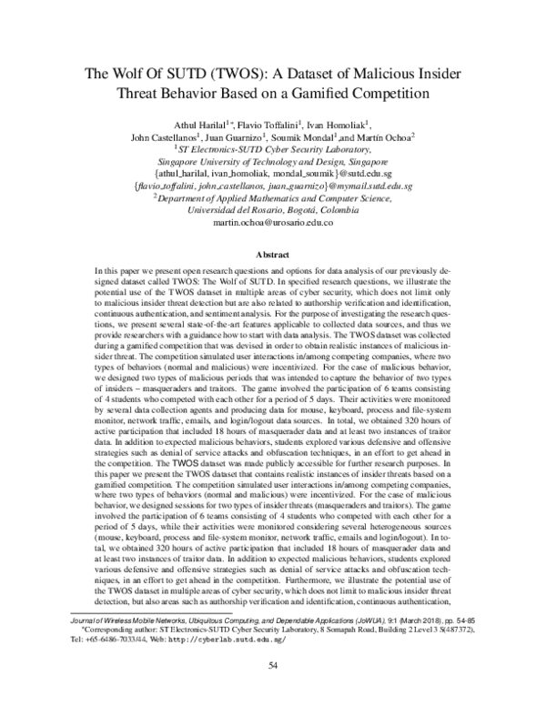 (PDF) The Wolf Of SUTD (TWOS): A Dataset of Malicious Insider Threat ...