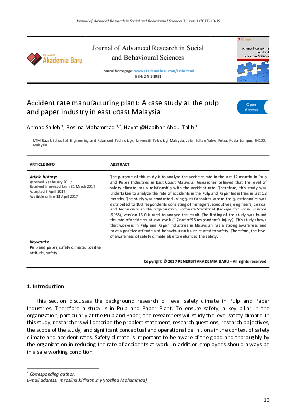 (PDF) Accident rate manufacturing plant: A case study at the pulp and ...