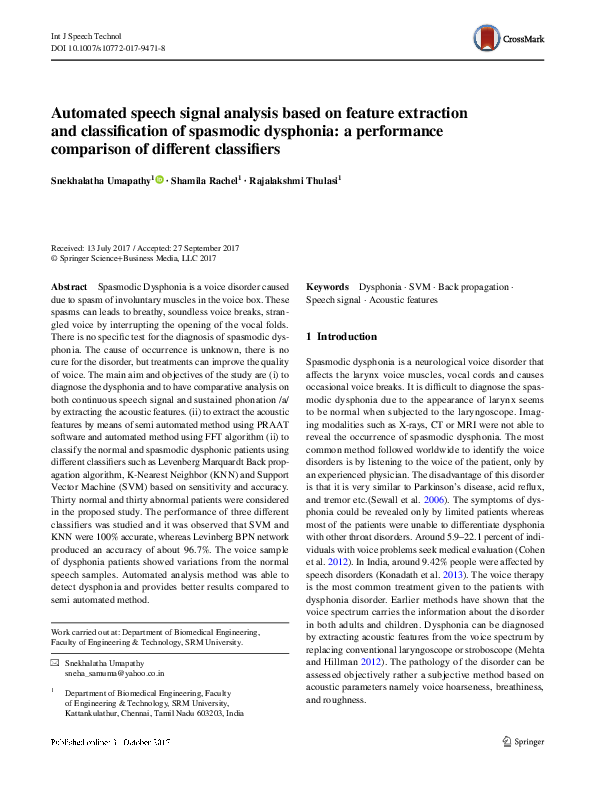 (PDF) Automated speech signal analysis based on feature extraction and classification of ...