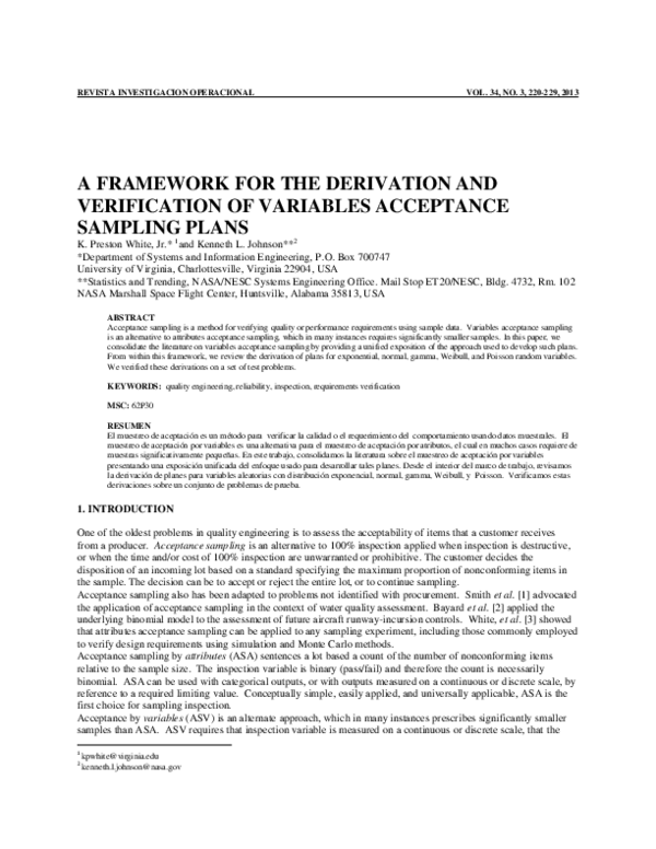Pdf A Framework For The Derivation And Verification Of Variables Acceptance Sampling Plans