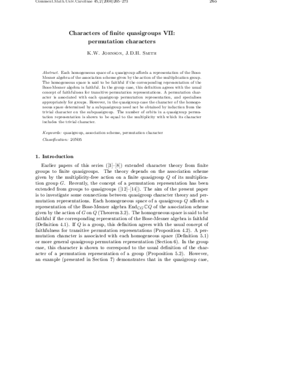 (PDF) Characters of finite quasigroups VII: permutation characters