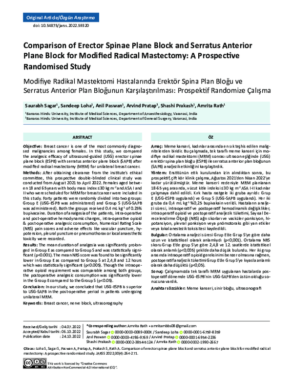 (PDF) Comparison of Erector Spinae Plane Block and Serratus Anterior ...