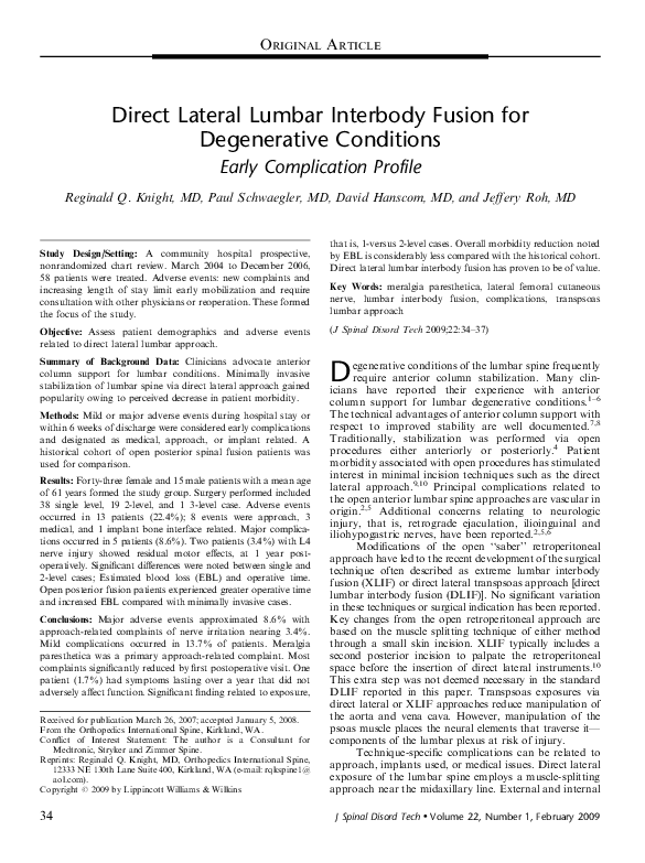 (PDF) Direct Lateral Lumbar Interbody Fusion for Degenerative Conditions