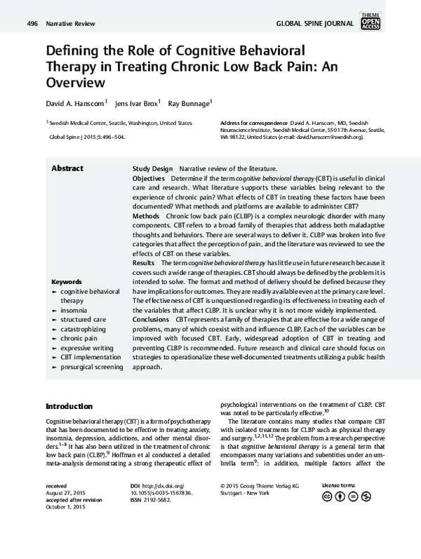 (PDF) Defining the Role of Cognitive Behavioral Therapy in Treating Chronic Low Back Pain: An ...