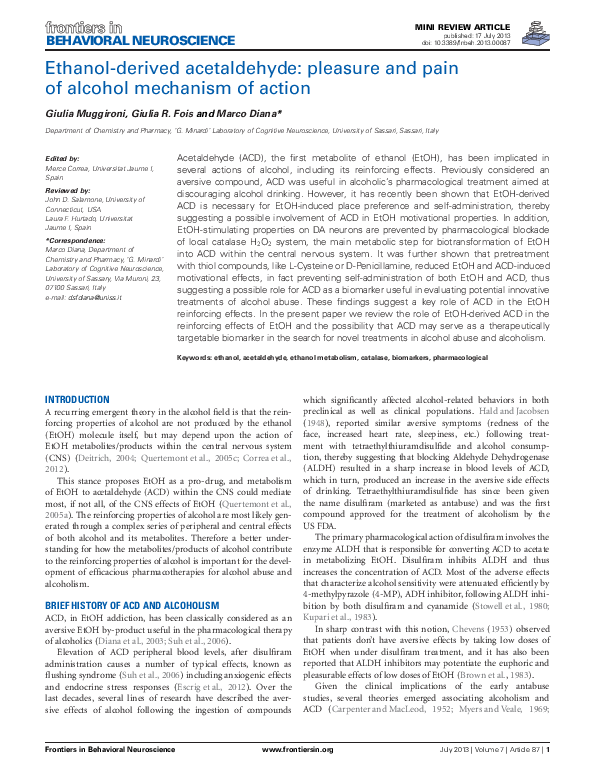 (PDF) Ethanol-derived acetaldehyde: pleasure and pain of alcohol ...