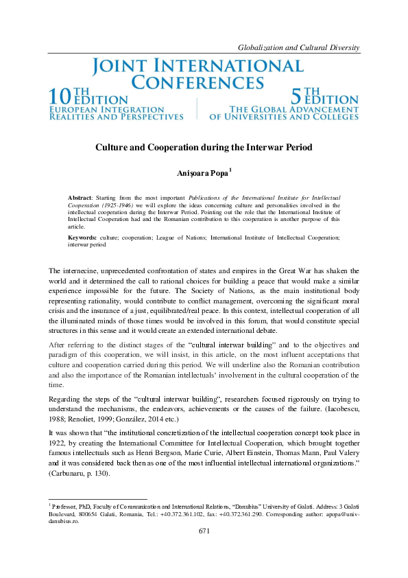 (PDF) Culture and Cooperation during the Interwar Period