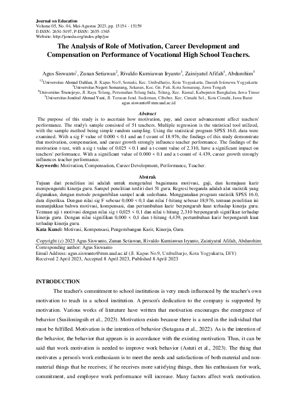 (PDF) The Analysis of Role of Motivation, Career Development and Compensation on Performance of ...