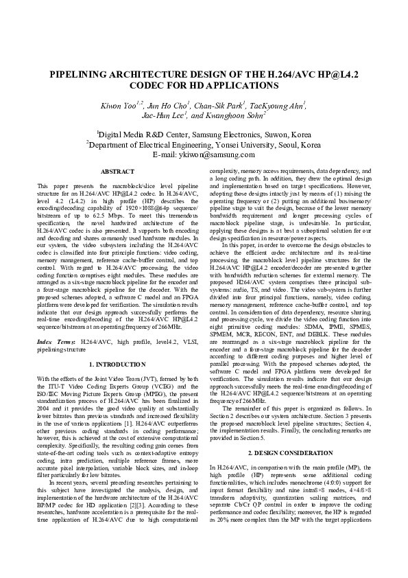 (PDF) Pipelining Architecture Design of the H. 264/AVC HP@ L4. 2 Codec For HD Applications