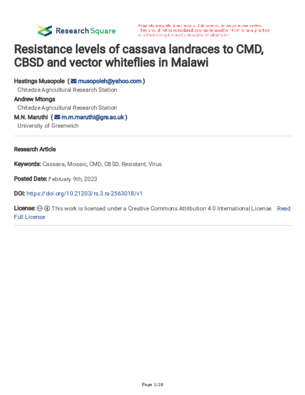 (PDF) Resistance levels of cassava landraces to CMD, CBSD and vector whiteflies in Malawi