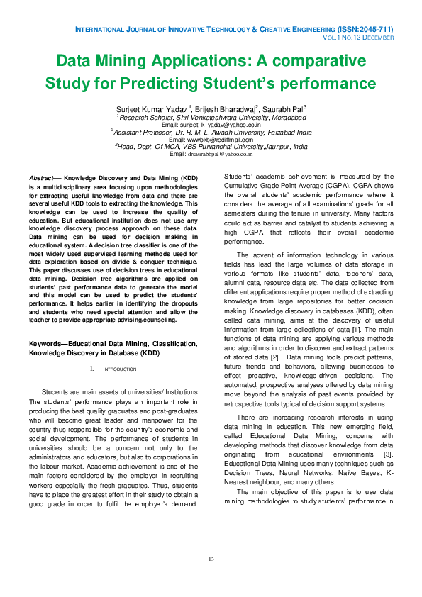 (PDF) Data Mining Applications: A comparative Study for Predicting Student's performance