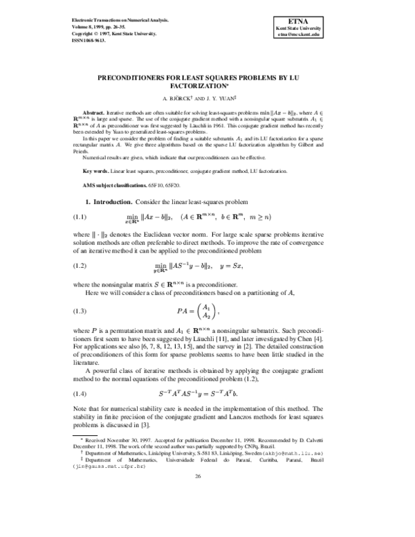 (PDF) Preconditioners for least squares problems by LU factorization