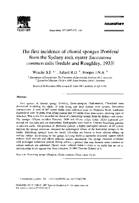 (PDF) The first incidence of clionid sponges (Porifera) from the Sydney ...