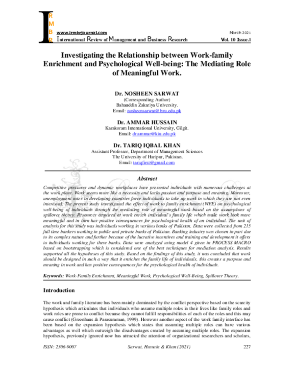 (PDF) Investigating the Relationship between Work-family Enrichment and ...