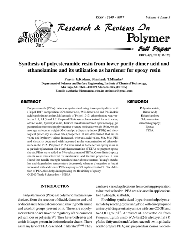(PDF) Synthesis of polyesteramide resin from lower purity dimer acid ...