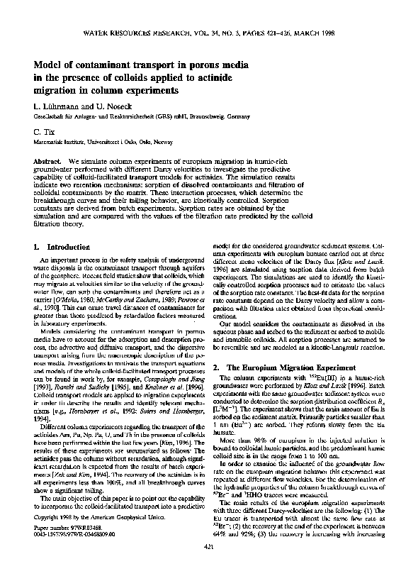 (PDF) Model of contaminant transport in porous media in the presence of ...
