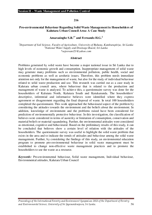 (PDF) Pro-environmental Behaviour Regarding Solid Waste Management in Householders of Kalutara ...