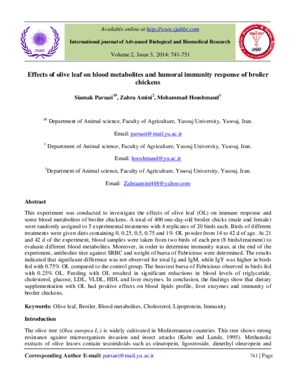 (PDF) Effects of Olive Leaf on Blood Metabolites and Humoral Immunity ...