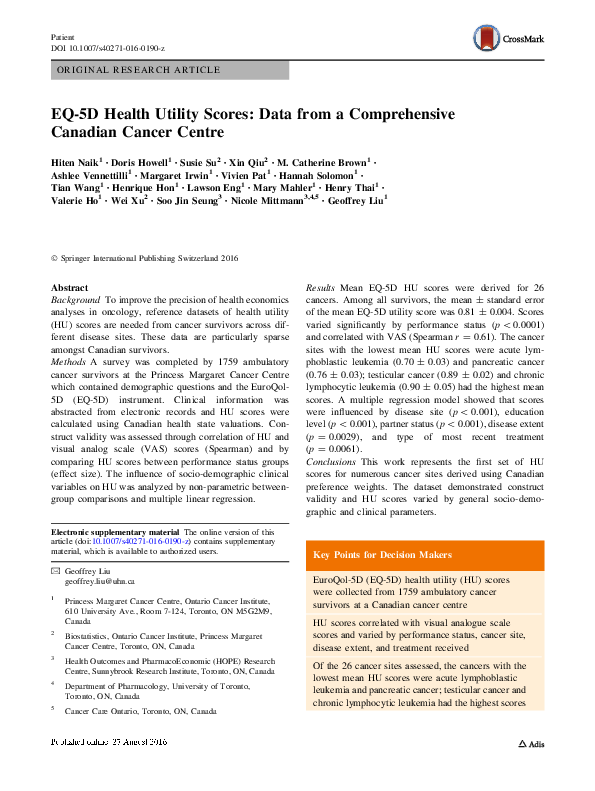 (PDF) EQ-5D Health Utility Scores: Data from a Comprehensive Canadian ...
