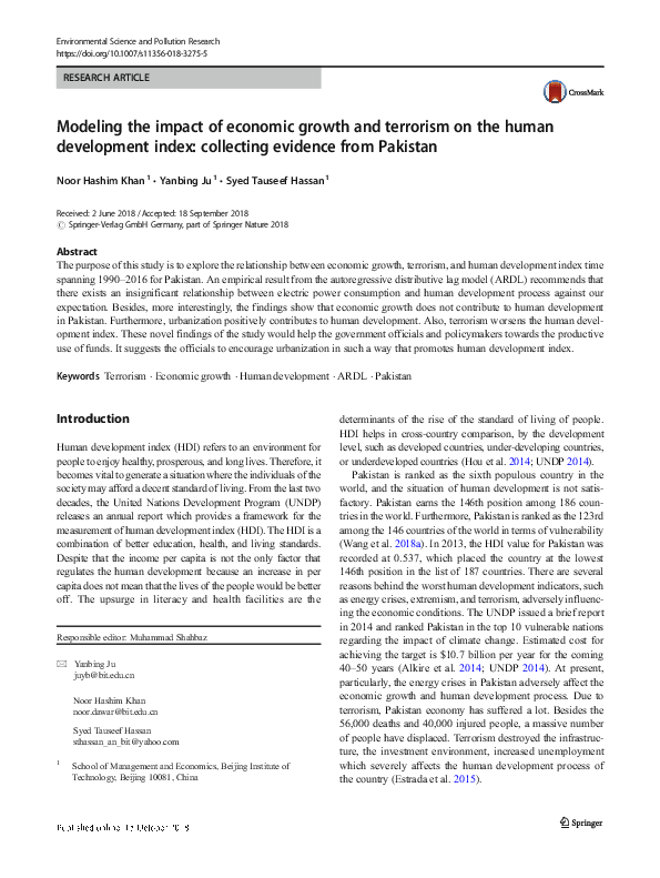 (PDF) Modeling the impact of economic growth and terrorism on the human development index ...