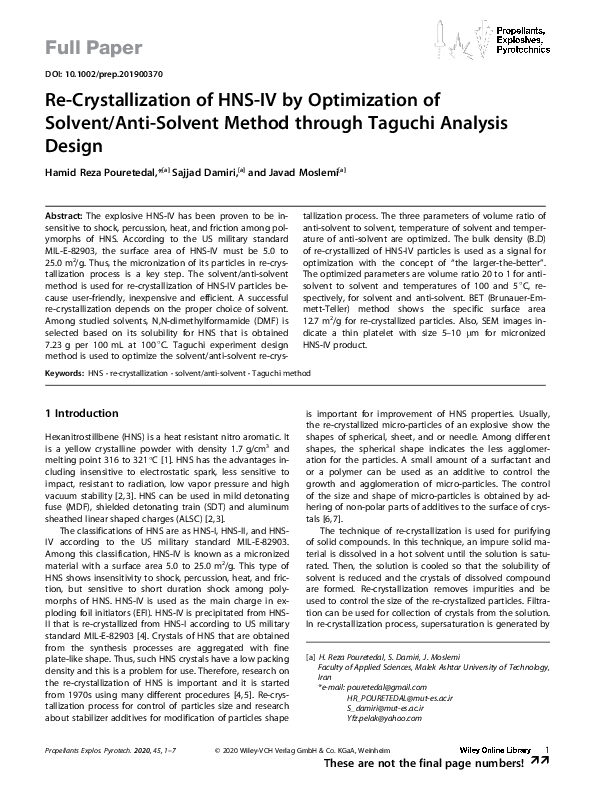 (PDF) Re‐Crystallization of HNS‐IV by Optimization of Solvent/Anti‐Solvent Method through ...