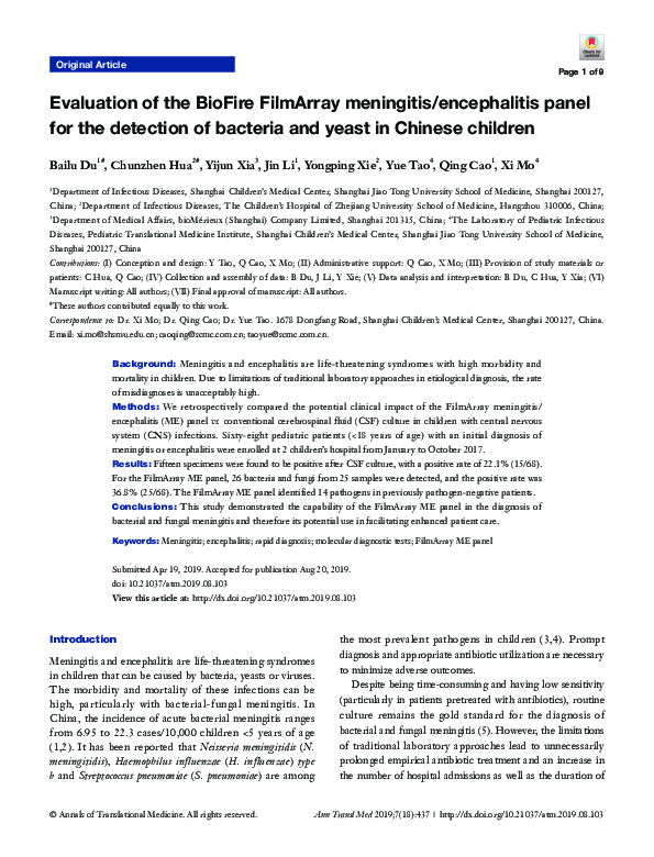 (PDF) Evaluation of the BioFire FilmArray meningitis/encephalitis panel ...