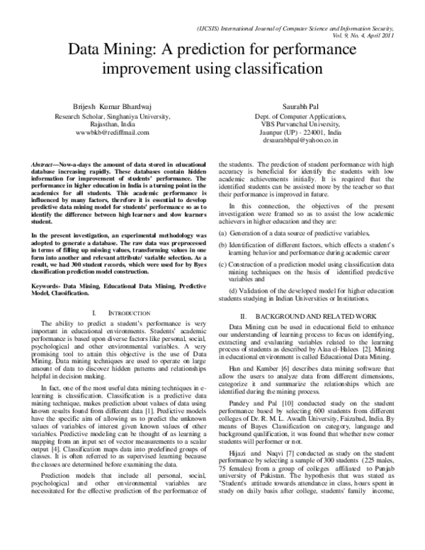 (PDF) Data mining: Prediction for performance improvement of graduate students using classification